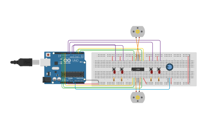 Circuit design DC Motor with L293D | Push Buttons and Potentiometer Controlled - Tinkercad