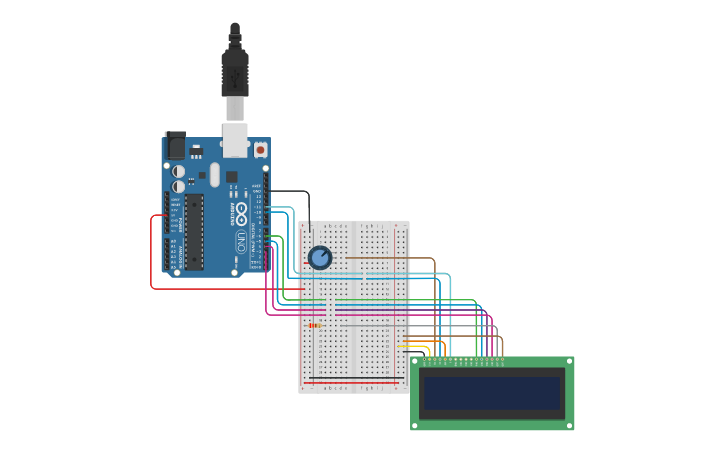 Circuit design lcd scroll text - Tinkercad