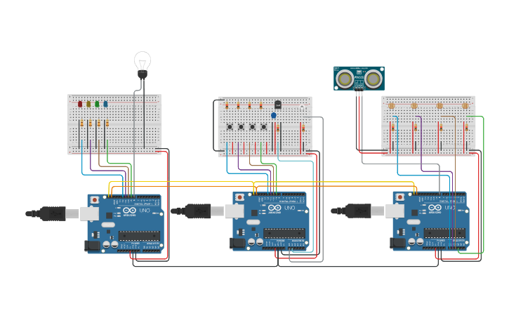 Circuit design 3 Arduino Uno via IC2 - Tinkercad