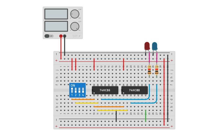 Circuit design half adder - using basic gates - Tinkercad