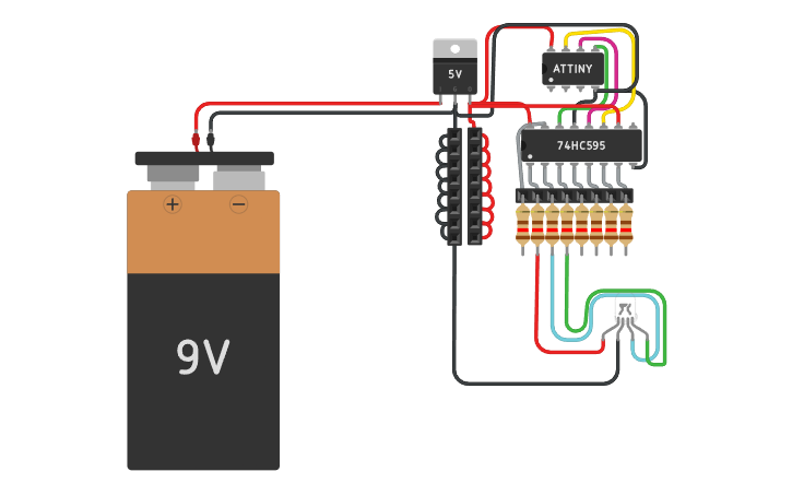 Circuit design 74HC595 y attiny arduino library rgb example | Tinkercad