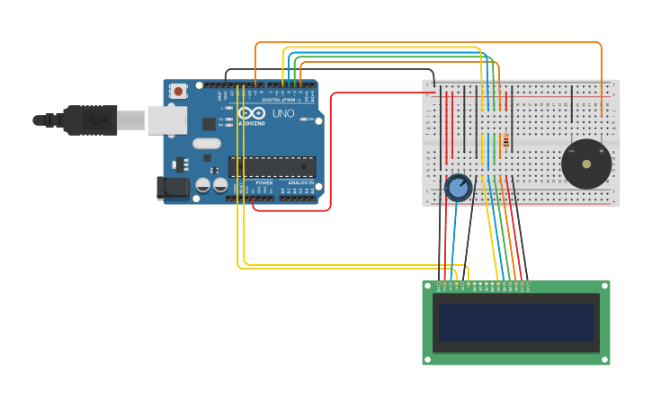 Circuit design Timer using Arduino, LCD and Buzzer - Tinkercad