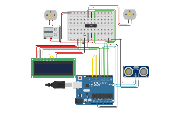 Circuit design Two DC motors avoid the obstacle wiht LCD | Tinkercad