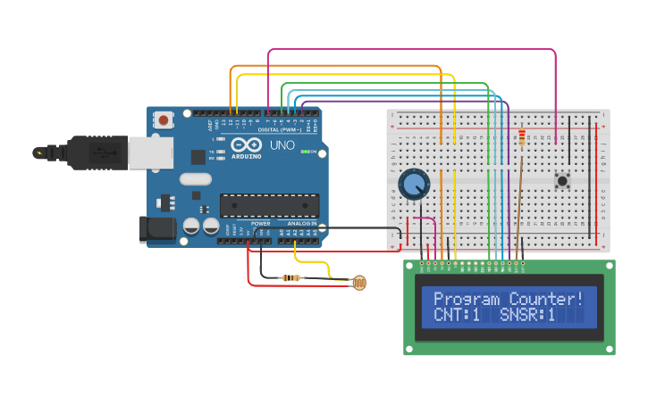 Circuit design Program Counter with LCD and Photoresistor - Tinkercad