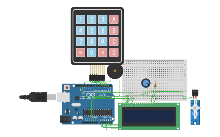 Circuit design servo&lcd - Tinkercad