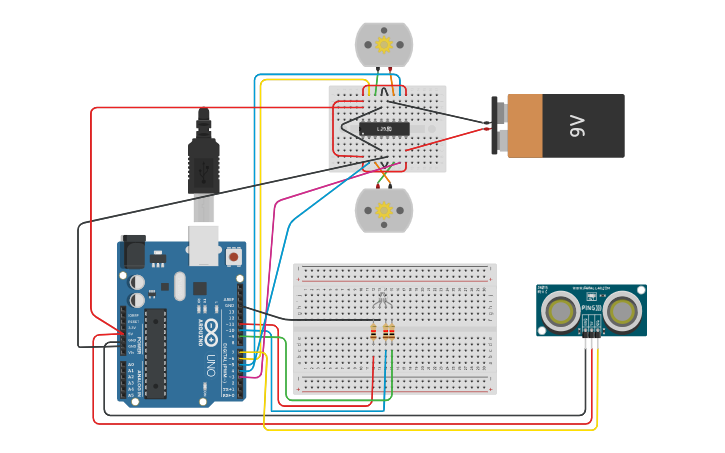 Circuit design Ultrasonic sensor with DC motor - Tinkercad