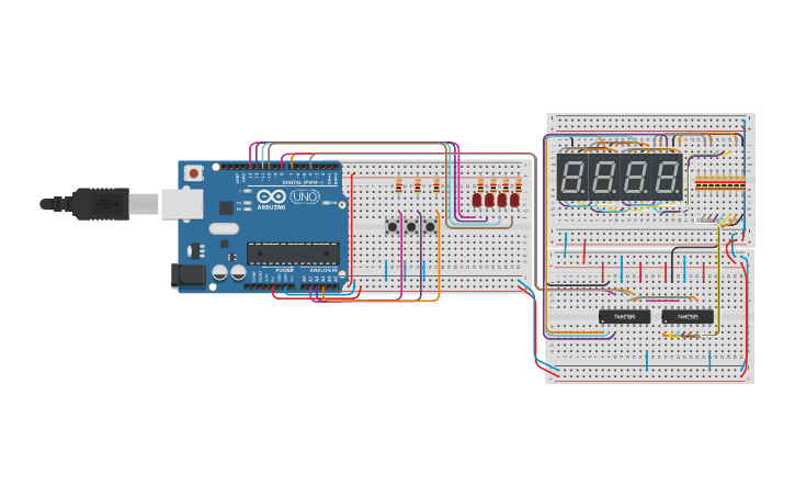 Circuit design mfs-4x7-Segment-Anzeige mit Schieberegister 595 - Tinkercad