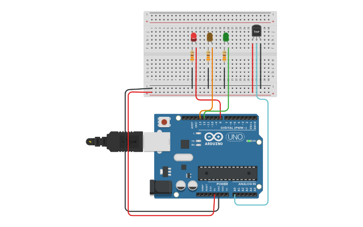 Circuit design sensor de temp en diferentes rangos con LEDS - Tinkercad