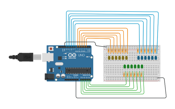 Circuit design secuencia de luces en incrememnento | Tinkercad