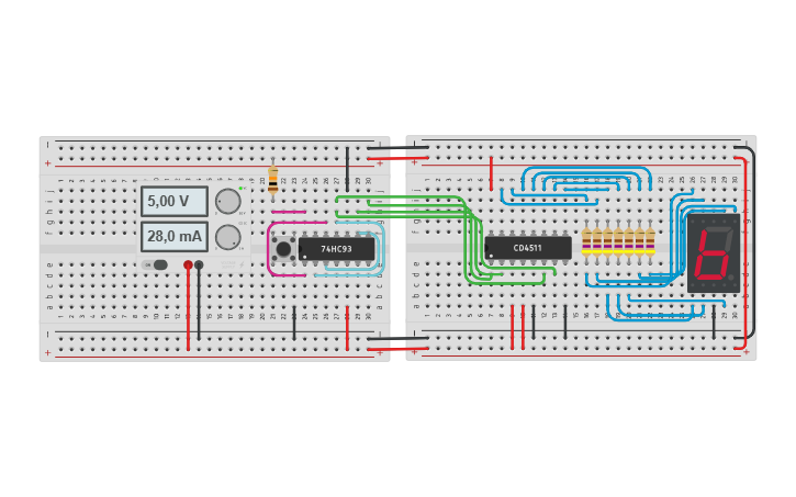 Circuit design Práctica 10: Conrador 74HC93 - Tinkercad