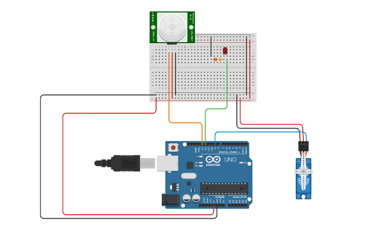 Circuit design PIR sensor door lock - Tinkercad