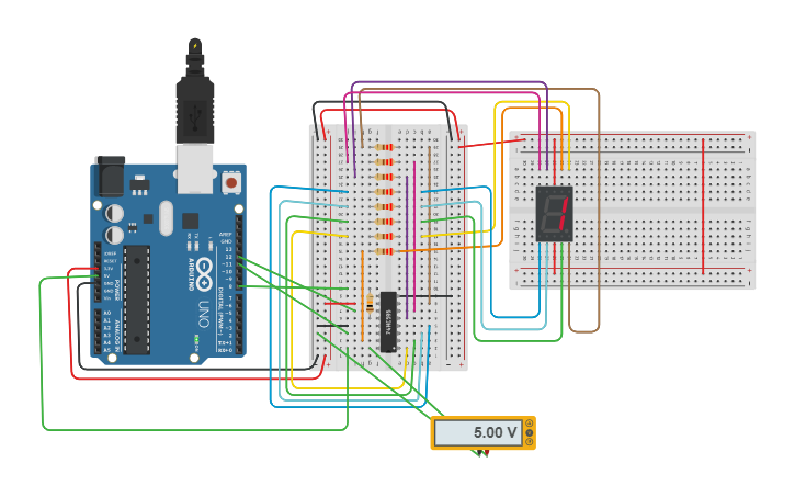 Circuit design 7-segment with 74ls595 - Tinkercad