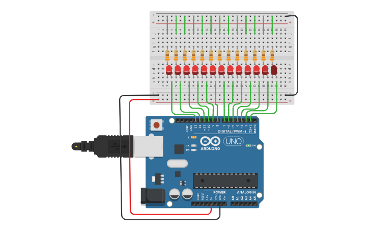 Circuit design 13 leds secuenciales | Tinkercad