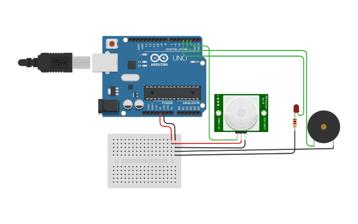 Circuit design pir sensor and buzzer - Tinkercad
