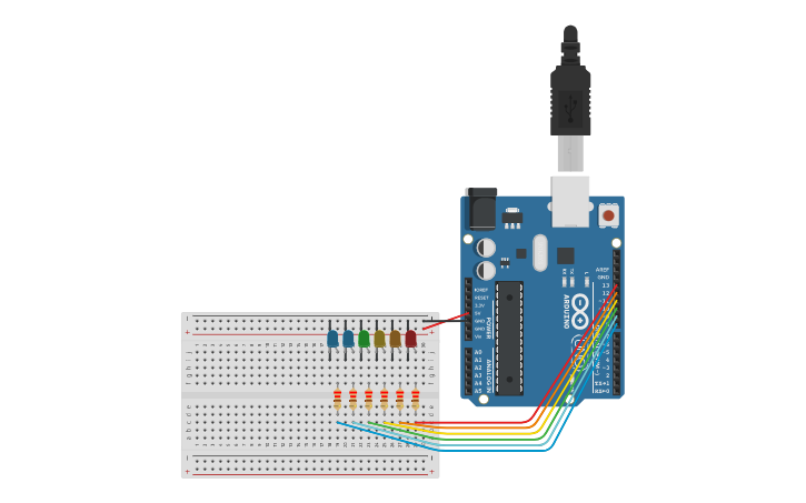 Circuit design 6 Led Arduino Control - Tinkercad