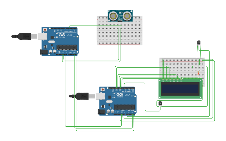 Circuit design I2C 2xUNO Temp+LCD with HandDetection - Tinkercad