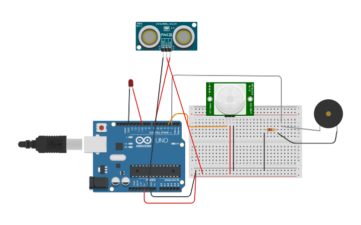 Circuit design Sensor de Presença + Sensor de Proximidade - Tinkercad Circuit design Sensor de Presença + Sensor de Proximidade - Tinkercad
