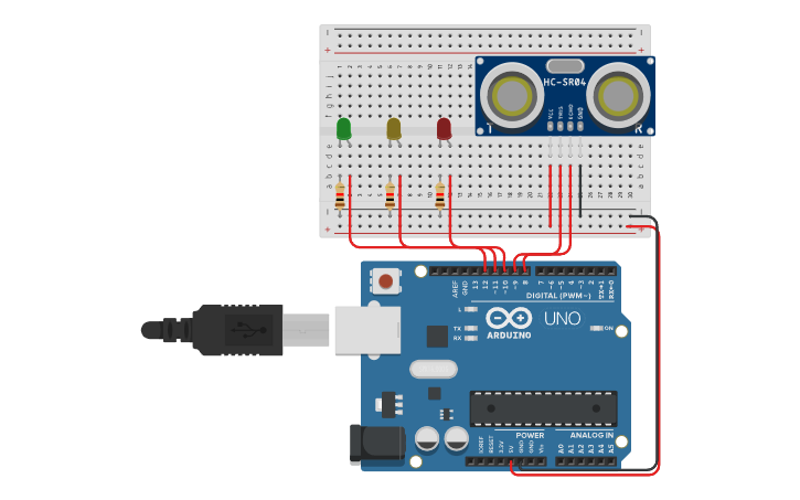 Circuit design ultrasonic sensor with 3 led - Tinkercad
