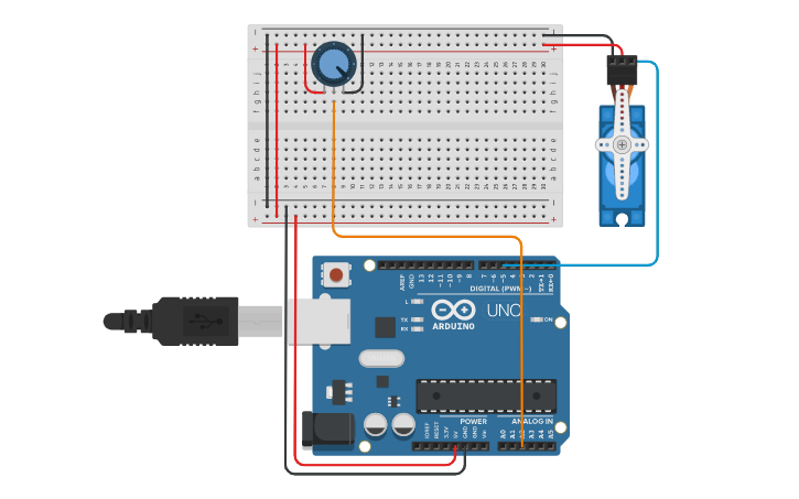 Circuit design Práctica 5.- Uso de servomotor | Tinkercad