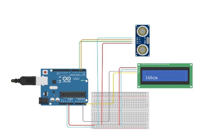 Circuit design Ultrasonic Sensor - I2C LCD - Tinkercad