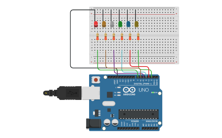 Circuit design Arduino 6 leds - Tinkercad