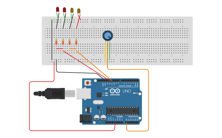 Circuit design Activity 14.3 LED with potentiometer adjustment | Tinkercad
