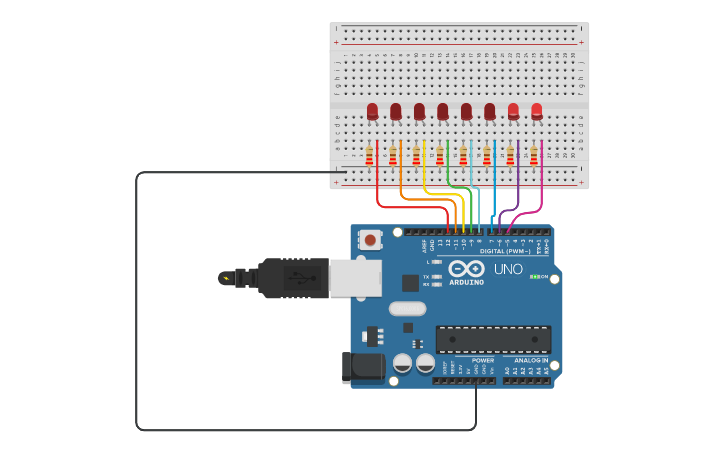 Circuit design 8 LEDs sequence - Tinkercad
