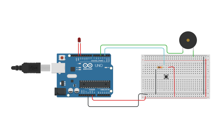 Circuit design Tac Switch, LED and Buzzer | Tinkercad