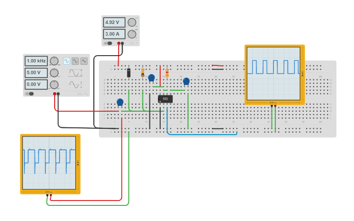 Circuit design M2 DEC Job 21 Monostable Multivibrator(R=3.3K,C=0.1uf)using 555 - Tinkercad