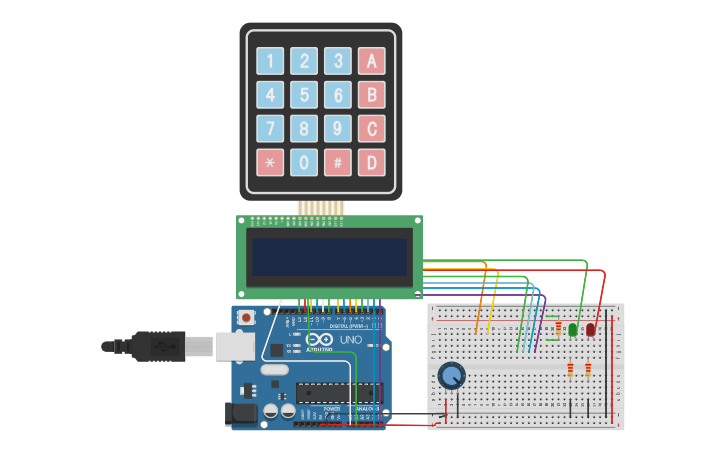 Circuit design Robu Daniel Arduino 4x4 KeyPad con 16x2 LCD e Led | Tinkercad