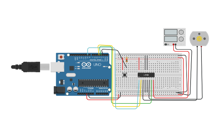 Circuit design Motore inversione di marcia con pulsante integrato L293 | Tinkercad