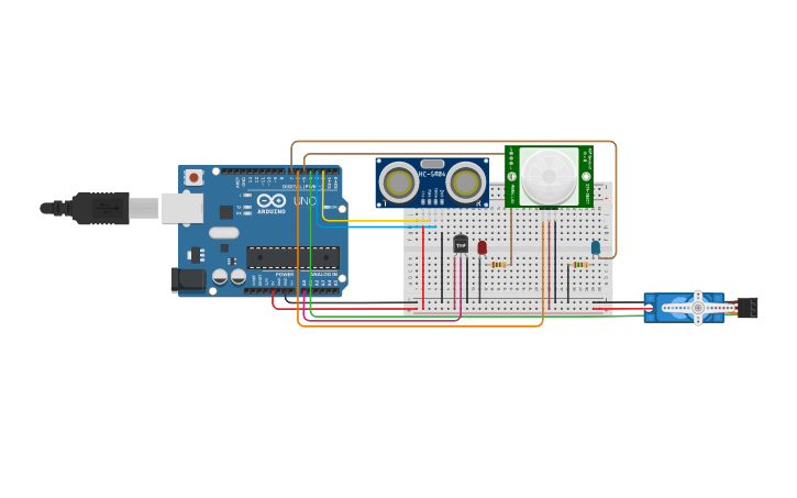 Circuit design Sensor de temperatura, ultrasonido y PIR - Tinkercad