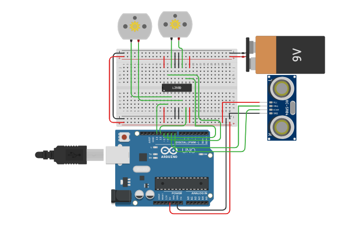 Circuit design Robot evasor de obstáculos - Tinkercad