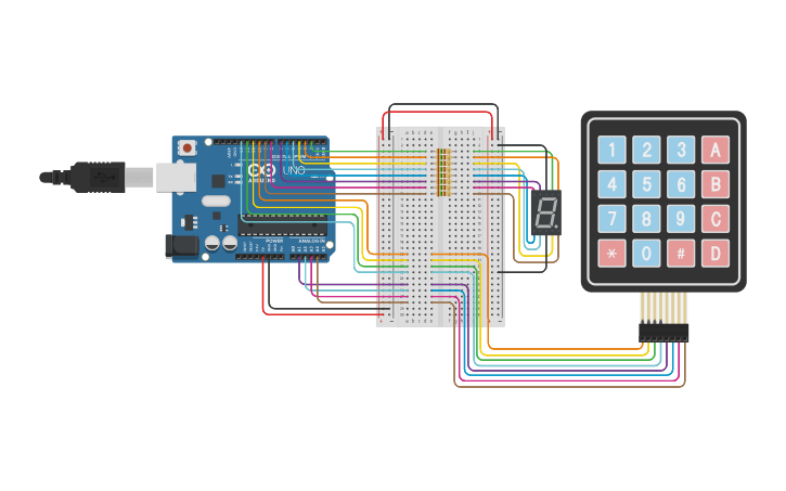 Circuit design Copy of Keypad controlling 7-segment display - Tinkercad