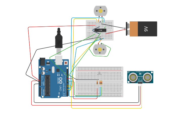 Circuit design Copy of ultrasonic sensor with dc motor - Tinkercad
