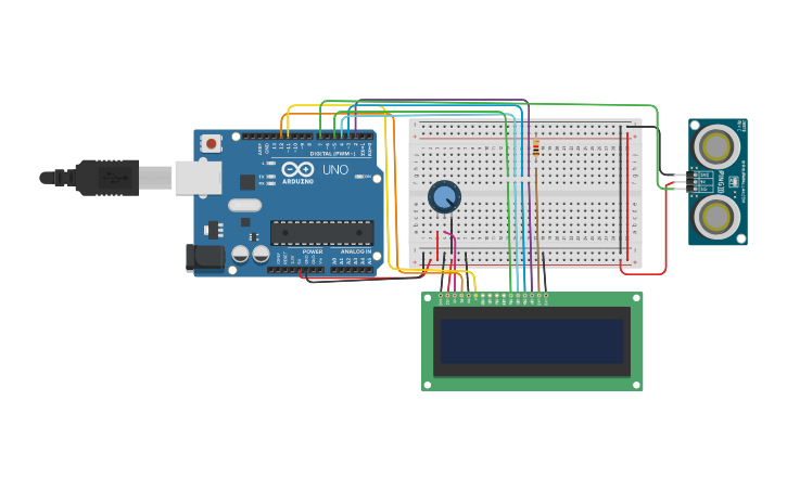 Circuit design Displaying Distance in LCD Monitor | Tinkercad
