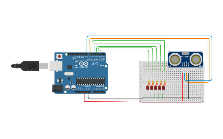 Circuit design SECUENCIA DE LEDS Y SENSOR ULTRASONICO - Tinkercad