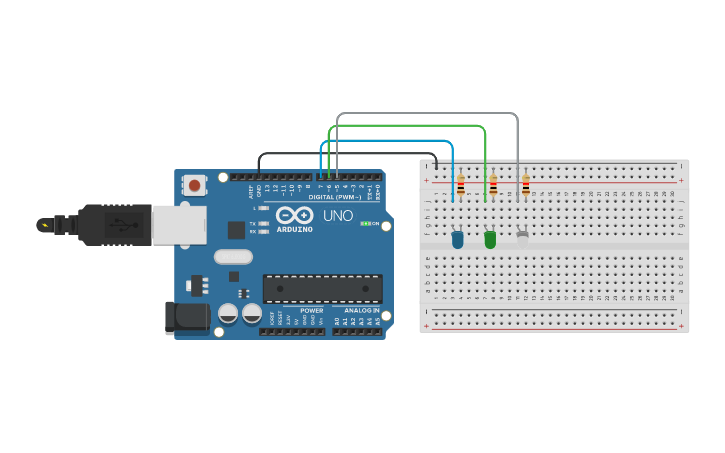 Circuit design Circuito do semáforo, acionamento de 3 leds com o arduino | Tinkercad