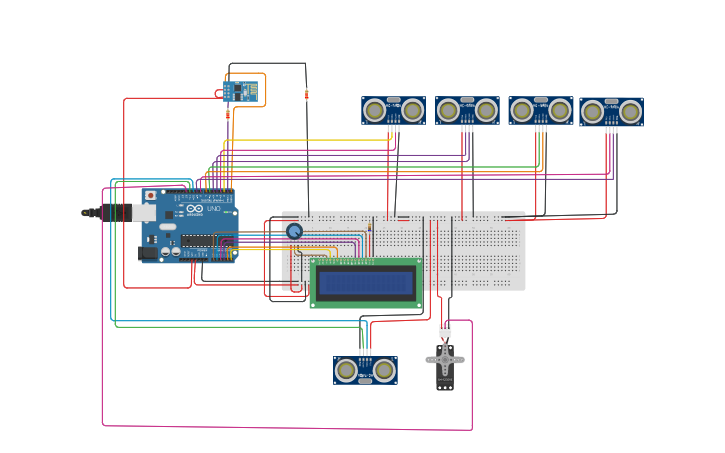 Circuit Design Car Parking System With 4 Lots Using Arduino Tinkercad