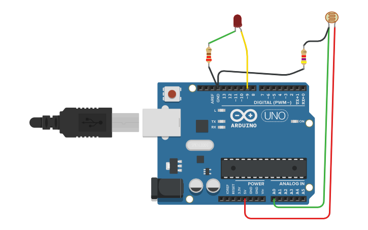 Circuit design LDR - LED - Arduino - Tinkercad