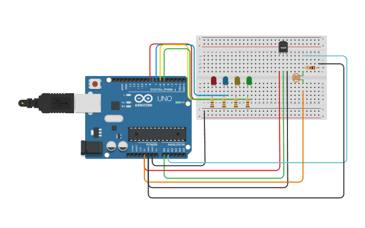 Circuit design Sensor suhu dan sensor cahaya - Tinkercad