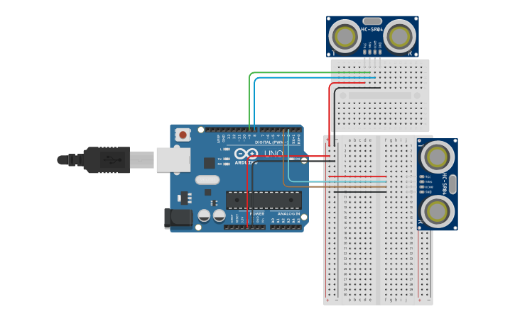 Circuit design 2 Ultrasonic Sensors - Tinkercad