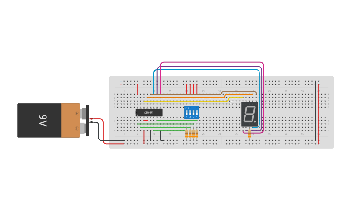 Circuit design Convertidor de binario a decimal | Tinkercad