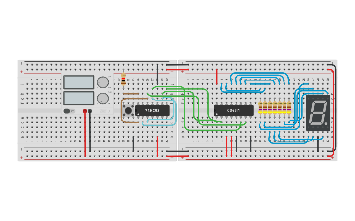 Circuit design Práctica9: Contador 74HC93 y Display de 7 segmentos - Tinkercad
