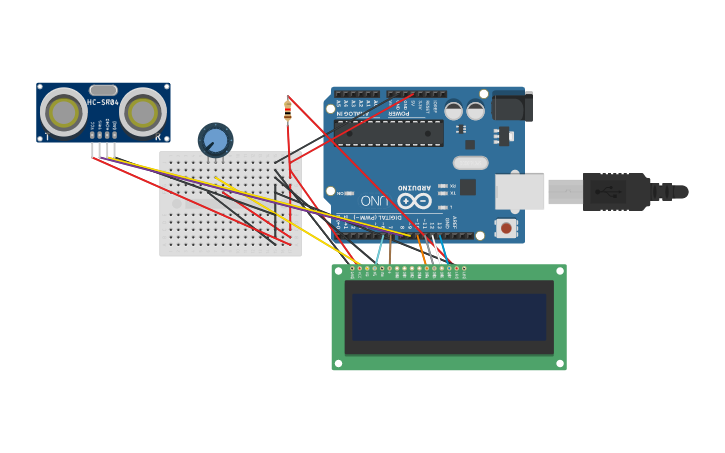 Circuit design LCD display using ultrasonic sensor - Tinkercad
