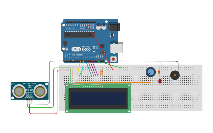 Circuit design ultrasonic distance sensor + LCD - Tinkercad