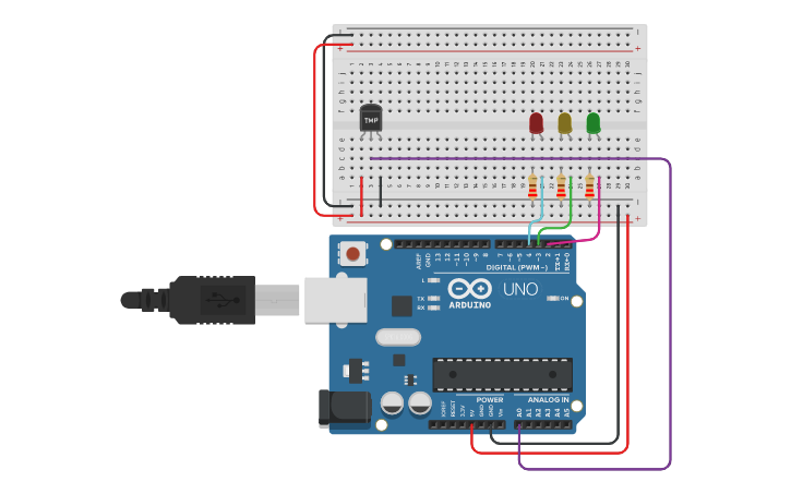 Circuit design Analog Temperature sensor with Arduino UNO - Tinkercad