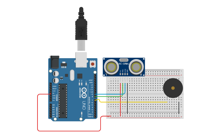 Circuit design Buzzer and ultrasonic sensor - Tinkercad
