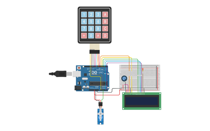 Circuit design KeyPad 4x4 to 16x2 LCD - Tinkercad