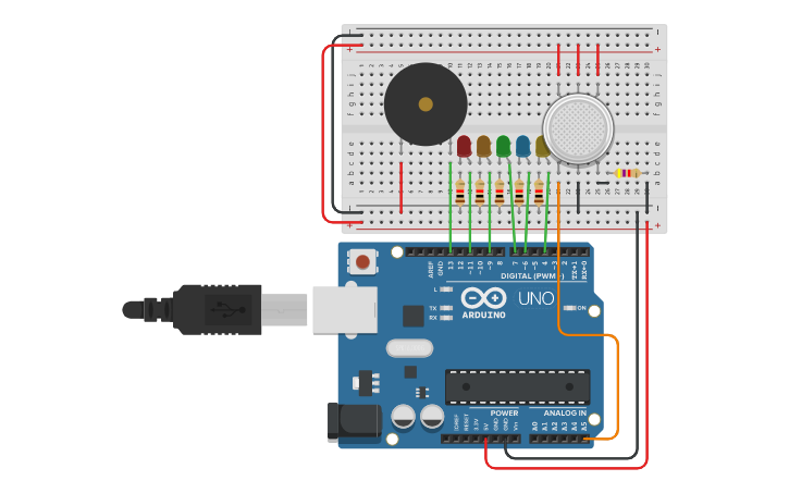 Circuit design Laboratory Gas detector with ARDUINO-TINKERCAD simulator ...